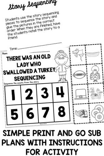 There Was An Old Lady Who Swallowed A Turkey Kindergarten Sub Plan