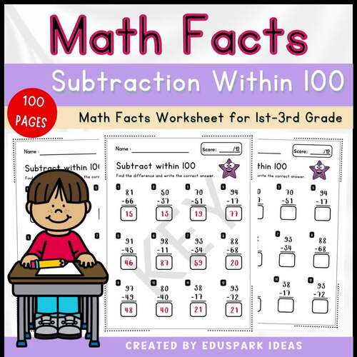 Subtract Within 100 | Math Facts Worksheet for 1st-3rd Grade by ...