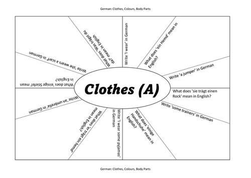 German Clothes, Colours and Body Parts Revision Clock Worksheets