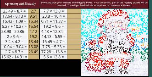 Operations With Decimals Christmas 5th Math Winter Pixel Art Activity