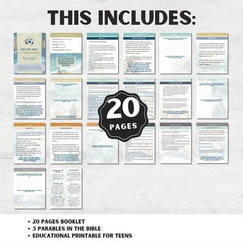 5 Bible Parables for Teens, Printable Devotional Study Pack with Prompts