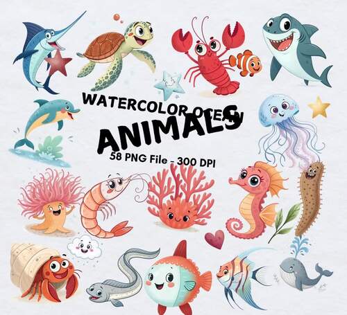 Ocean Animal clipart, Sea Animals clipart set, Watercolor Ocean Animals ...