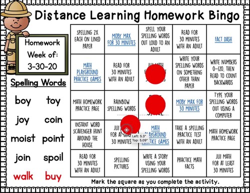Distance Learning Editable Homework Bingo by Big Heart Young Minds