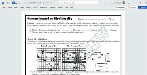 Human Impact on Biodiversity Activity - Fragmentation + Trophic Cascades