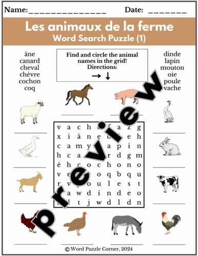 Les animaux de la ferme | Differentiated Word Searches by Word Puzzle ...