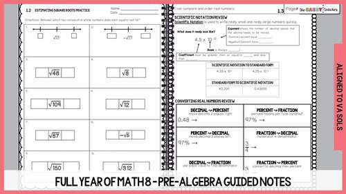 Pre Algebra 8th Grade Math Guided Notes Worksheets Full Year - Va Math SOLs