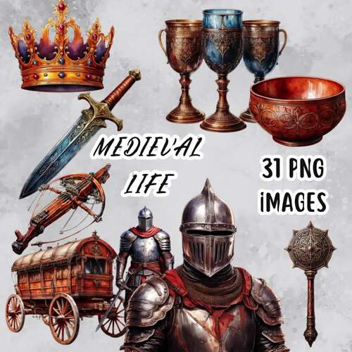 Medieval Life Clip Art Bundle, Watercolor Medieval Illustration