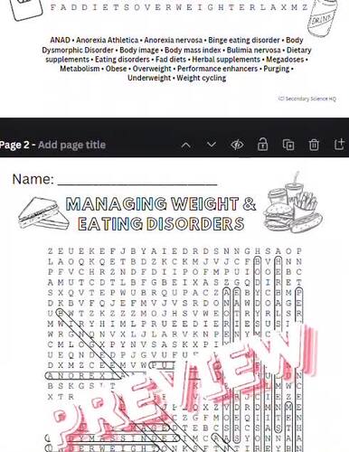 Managing Weight and Eating Behaviors and Disorders Wordsearch Puzzle