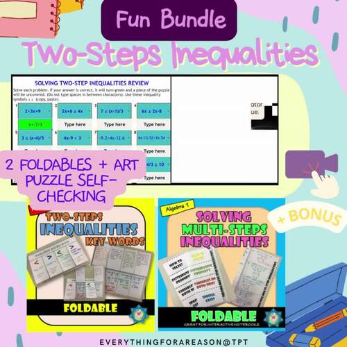 Two-Step Inequalities FUN BUNDLE: Foldables + Art Puzzle Self-checking