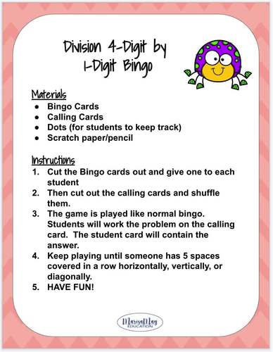 4 Digit by 1 Digit Division Review BINGO Activity by Marisa May Education